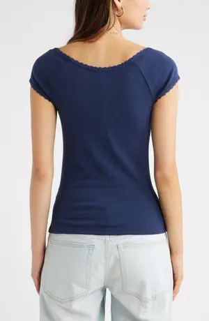 Bp. Lace Trim Cotton-blend T-shirt - Navy Iris