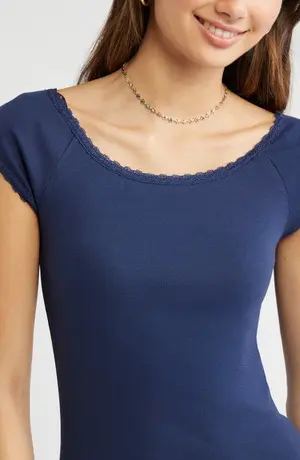 Bp. Lace Trim Cotton-blend T-shirt - Navy Iris