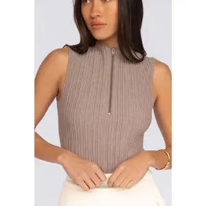FORE-TÉ CLUB ATTIRE Elise Knit Tank With Mock Neck And Zip Detail - Mocha