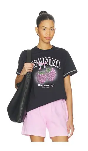 GANNI Basic Cotton Jersey Raspberry Print T-shirt - Black