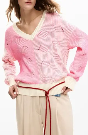 Desigual Colorblock Pointelle Sweater - Pink