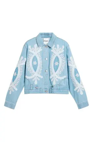 Desigual Beaded Lace Detail Denim Trucker Jacket - Medium Blue