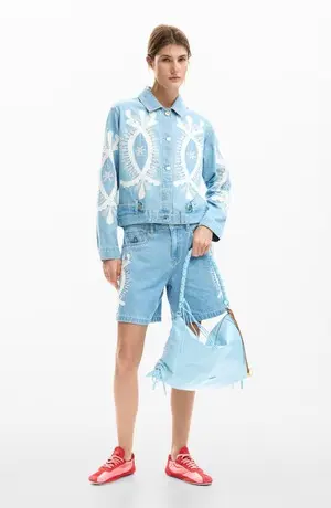 Desigual Beaded Lace Detail Denim Trucker Jacket - Medium Blue