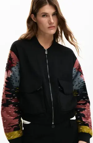Desigual Bead Detail Mixed Media Bomber Jacket