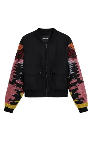 Desigual Bead Detail Mixed Media Bomber Jacket