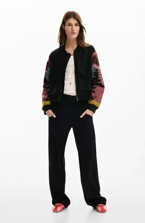 Desigual Bead Detail Mixed Media Bomber Jacket