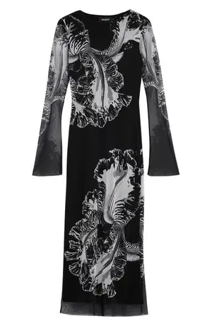 Desigual Floral Print Long Sleeve Midi Dress - Black