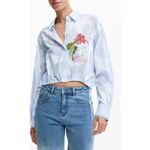 Desigual Floral Print Drawstring Crop Button-up Top