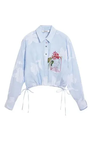 Desigual Floral Print Drawstring Crop Button-up Top