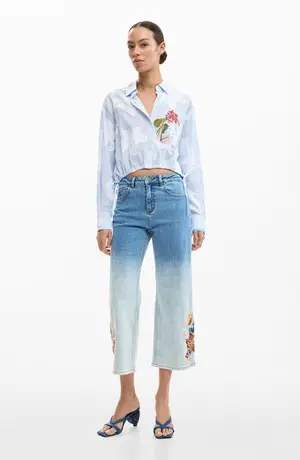 Desigual Floral Print Drawstring Crop Button-up Top