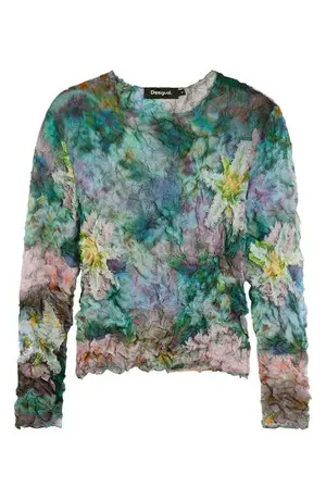Desigual Crinkle Long Sleeve Crop Top - Blue