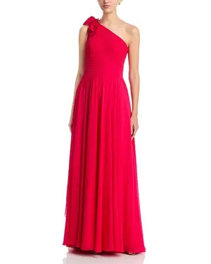 Rickie Freeman For Teri Jon Pleated Chiffon Gown With Floral Detail - Fuchsia
