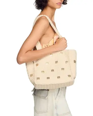 Sandro Charm Detail Crochet Mesh Tote Bag - Ecru