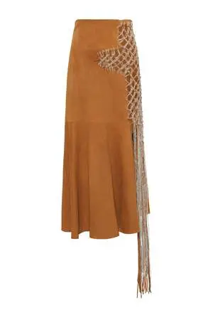 Gabriela Hearst Riverine Suede Midi Skirt With Macramé And Fringe - Cashew