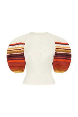Gabriela Hearst Elira Textured Linen Slub Crochet Puff Sleeve Top - Ivory