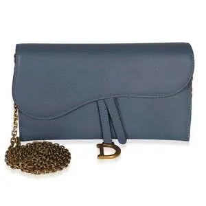 Dior Grained Calfskin Saddle Pouch With Chain - Blue