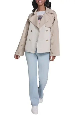 Karl Lagerfeld Paris Mixed Media Crop Cotton Blend Trench Coat