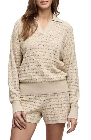 Barefoot Dreams Heathered Cotton Tulip Pointelle Collared Pullover - Stone