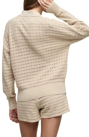 Barefoot Dreams Heathered Cotton Tulip Pointelle Collared Pullover - Stone