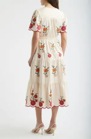 ZOE AND CLAIRE Embroidered Puff Sleeve Midi Dress
