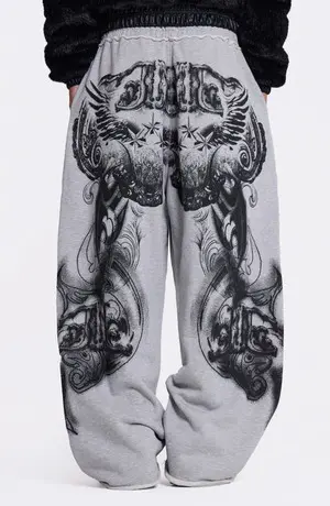 JADED LONDON Gothic Print Baggy Joggers - Grey