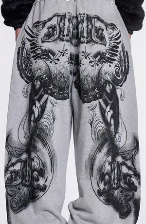 JADED LONDON Gothic Print Baggy Joggers - Grey