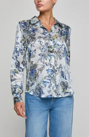 L'Agence Tyler Butterfly Print Silk Shirt - Multi Blue