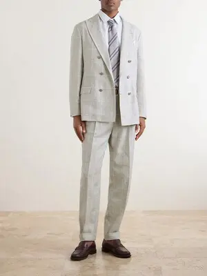 Brunello Cucinelli Double-breasted Checked Linen-blend Suit Jacket - Neutrals
