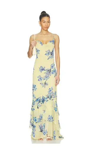 Rococo Sand Printed Maxi Dress With Sash - Yellow