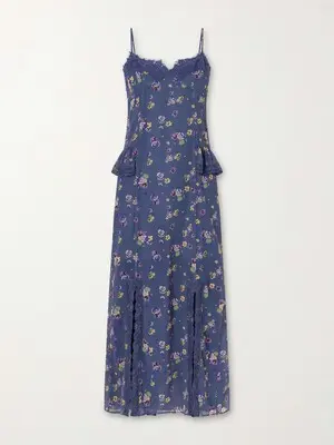 Anna Sui Floral-print Lace-trimmed Chiffon Midi Dress - Blue
