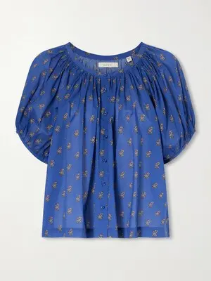 DÔEN June' Floral-printed Cotton Puff Sleeve Blouse - Blue