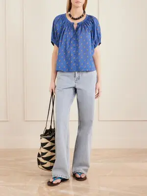 DÔEN June' Floral-printed Cotton Puff Sleeve Blouse - Blue