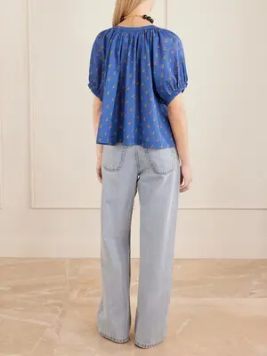 DÔEN June' Floral-printed Cotton Puff Sleeve Blouse - Blue