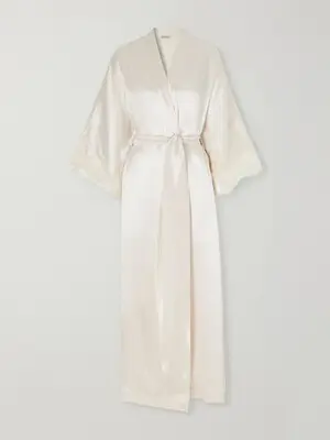 Carine Gilson Belted Lace-trimmed Silk-satin Robe - Neutrals