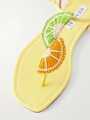 AQUAZZURA Embellished Raffia-effect Thong Sandals - Yellow