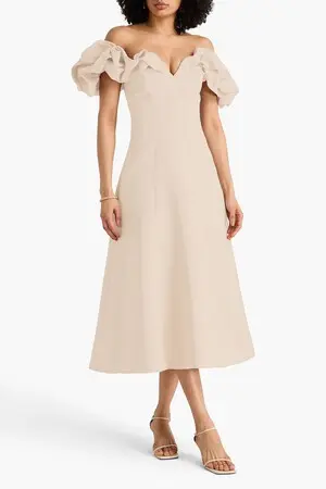 LEO LIN Satin Off-the-shoulder Midi Dress - Beige