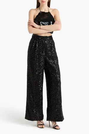 LEO LIN Greta Sequined Tweed Wide-leg Pants - Black