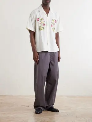 KARDO Ronald Convertible-collar Embroidered Cotton Shirt - Neutrals