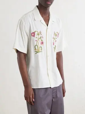 KARDO Ronald Convertible-collar Embroidered Cotton Shirt - Neutrals