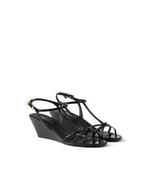 Prada Patent Leather Wedge Sandals - Black