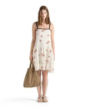 Prada Embroidered Linen Mini Dress - Ruby Red