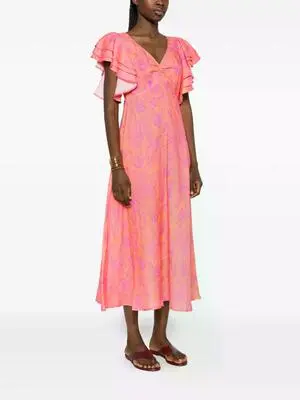 Nimo With Love Belladonna Ruffled-sleeve Midi Dress - Orange