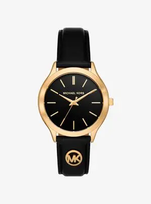 Michael Kors Slim Runway Gold-tone Leather Watch - Black
