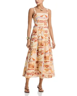 Moon River Square Neck Printed Midi Dress - Ivory Multi