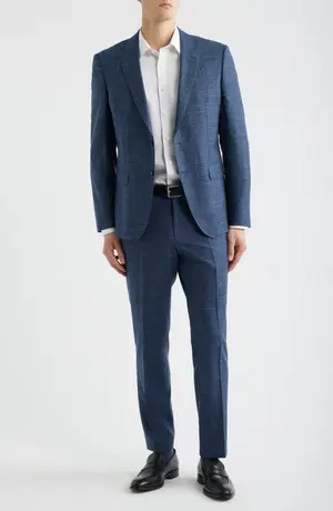 BOSS Huge Slim Fit Blue Slub Mélange Wool Blend Suit - Open Blue