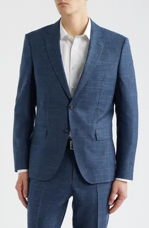 BOSS Huge Slim Fit Blue Slub Mélange Wool Blend Suit - Open Blue
