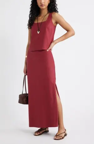 OPEN EDIT Linen Blend Column Maxi Skirt - Red Ruby