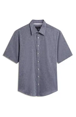 Ted Baker London Wryte Regular Fit Short Sleeve Slub Linen & Cotton Button-up Shirt - Navy