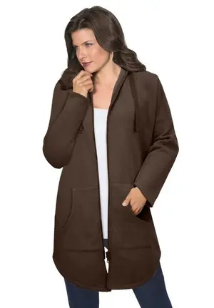 Roaman's Fleece Zip Hoodie Sweatshirt With Shirttail Hem - Chocolate