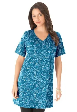 Roaman's Cotton V-neck Tunic - Deep Teal Batik